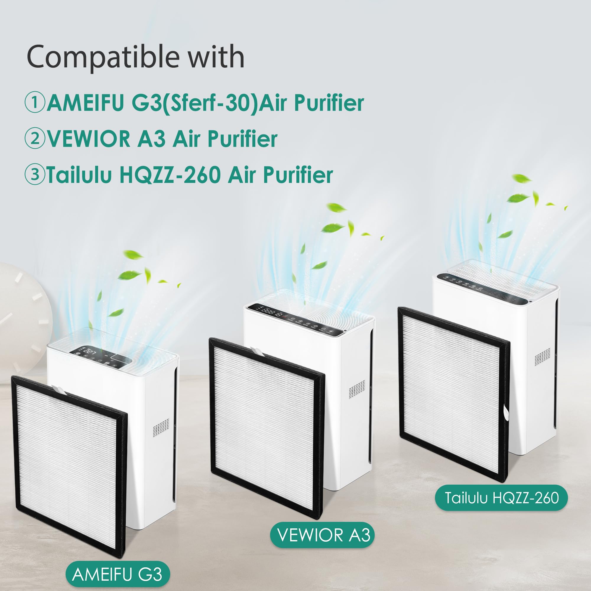 TOMORAL G3 / A3 Replacement Filter Compatible with AMEIFU G3 Air Purifier, also fits VEWIOR A3 & Tailulu HQZZ-260, 3-in-1 True HEPA Filter, Activated Carbon and Pre-Filter, 2-Pack