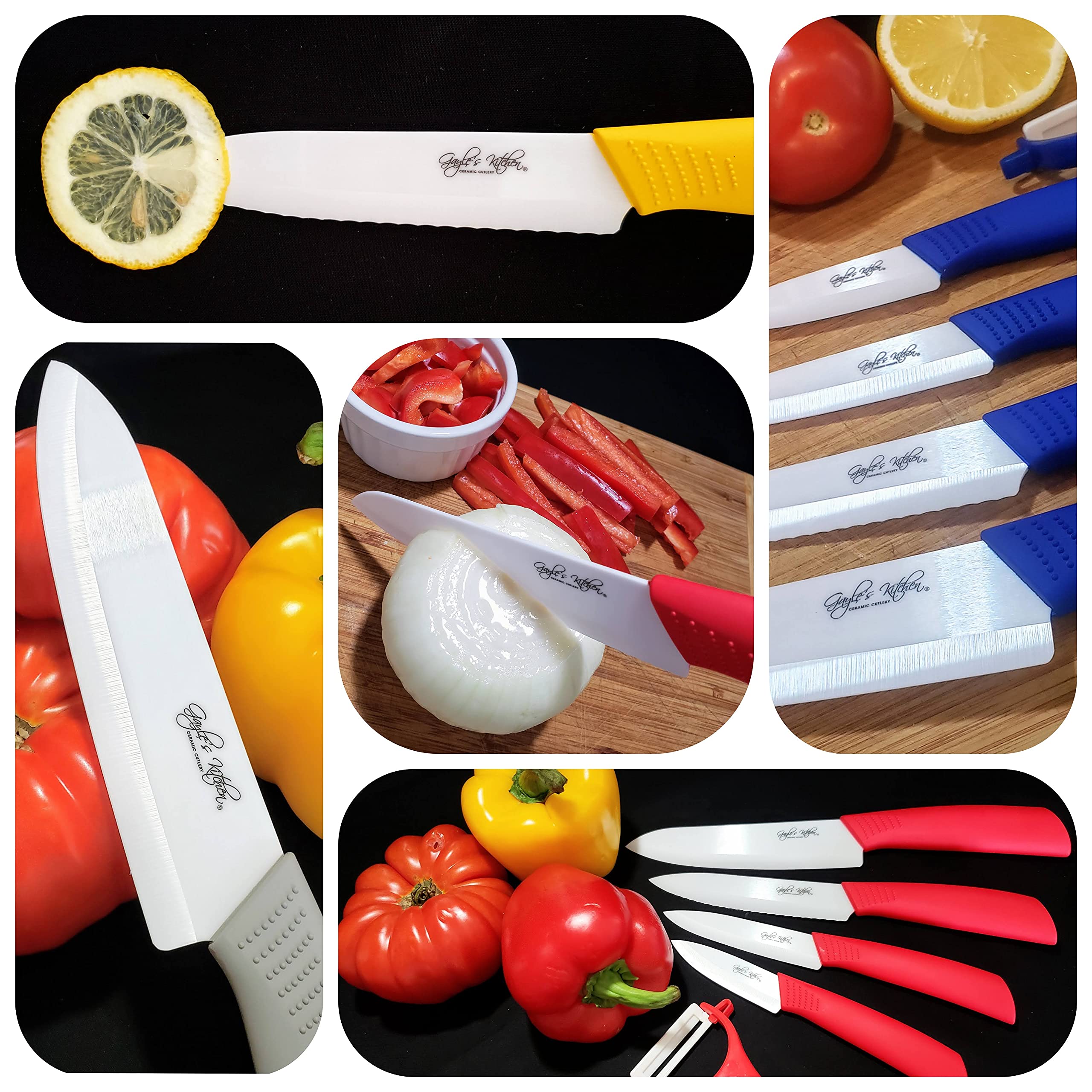 Serrated Pink Ceramic Knife Set with 5" Serrated Knife, Kitchen Knife Set - Includes 3β, 4β, 5β, 6β Ceramic Knives, Matching Sheaths and a Matching Vegetable Peeler in a black Gift Box