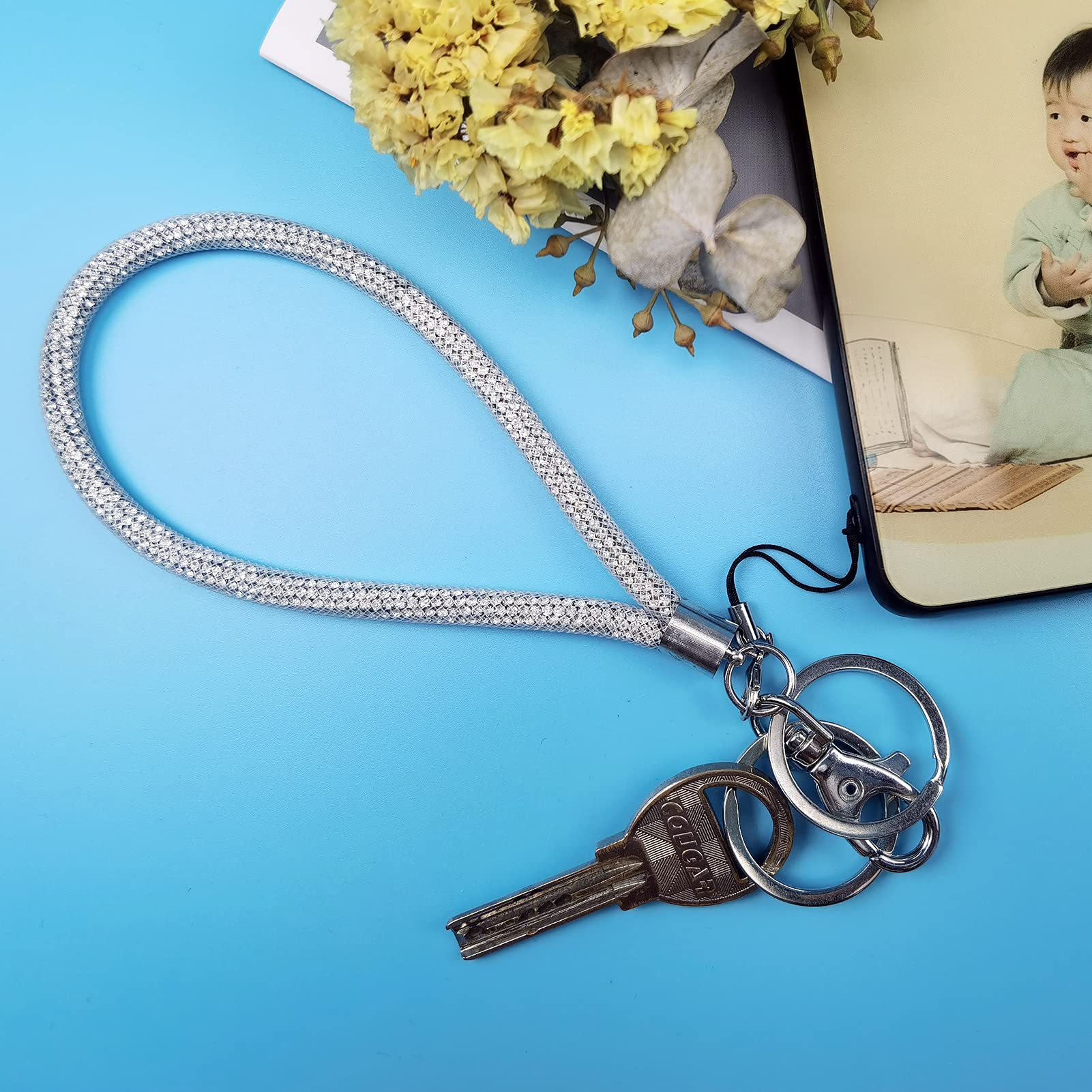 ONLYESH Wristlet Lanyard Keychains for Women, Bling Lanyard for Keys, Cute Keychain Holder (White)