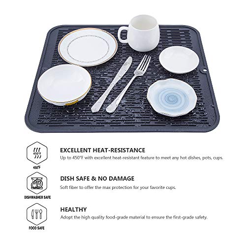 Piduules Eco-friendly Silicone Dish Drying Mat Large Reusable Non-slipping and Heat Resistant Dish Quick Drying Pad, Dishwasher Safe, Black XL 18βx15.8β