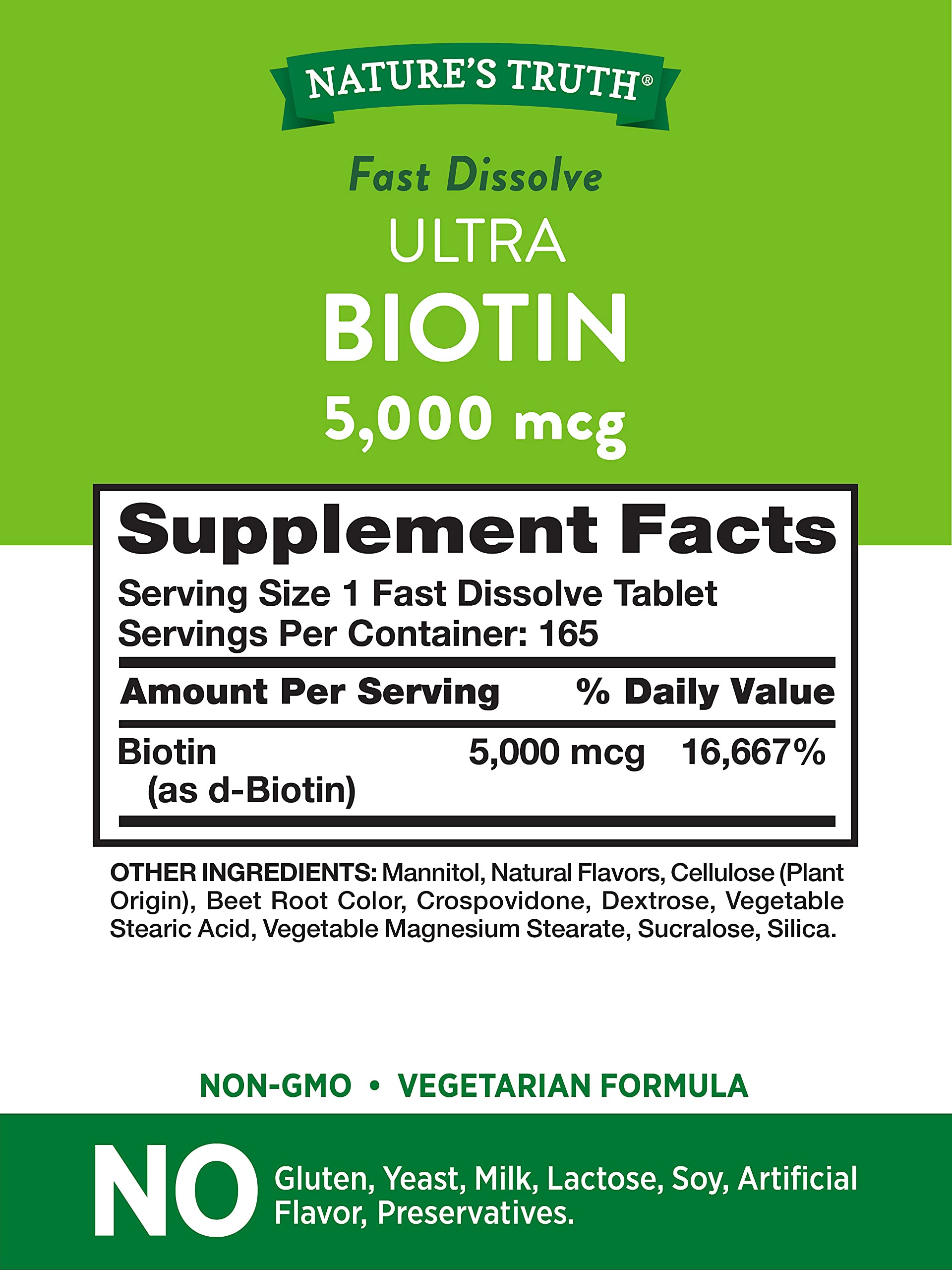 Nature's Truth Ultra Biotin 5000mcg | 165 Fast Dissolve Tablets | Hair Skin and Nails Supplement | Natural Berry Flavor | Vegetarian, Non-GMO, Gluten Free