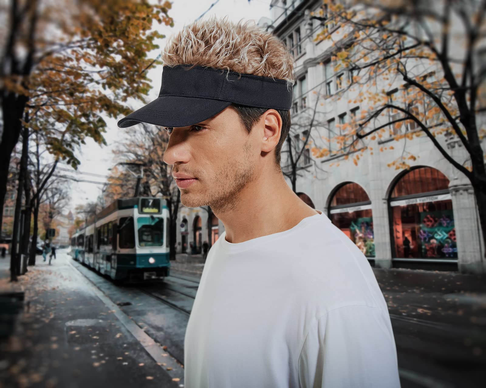 Novelty Visor Cap Adjustable Visor Hat with Spiked Wigs Fake Hair Visor for Adults (Canvas and Polyester, Black and Brown)