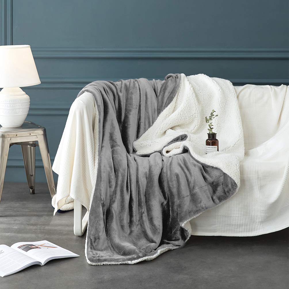 LBRO2M Sherpa Fleece Bed Blanket Queen Size Super Soft Fuzzy Plush Warm Cozy Fluffy Microfiber Couch Throw Velvet Double Reversible Luxurious Blankets,Grey(90x90)