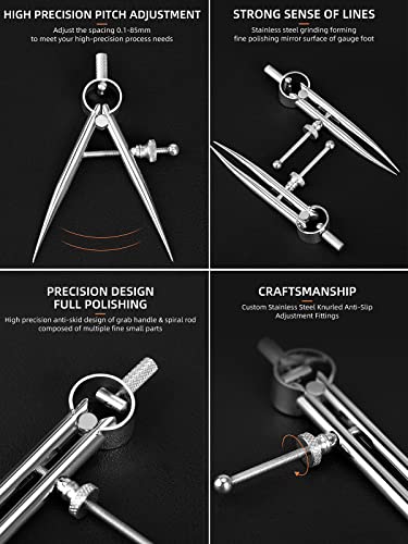 WUTA Spring Wing Divider 304 Stainless Steel Precision Scriber Caliper Tool Metal Dividers Adjustable Spacing Compass High Polished Round Leg for Drawing Circles, Leather Craft, Jewelry Design (Small)