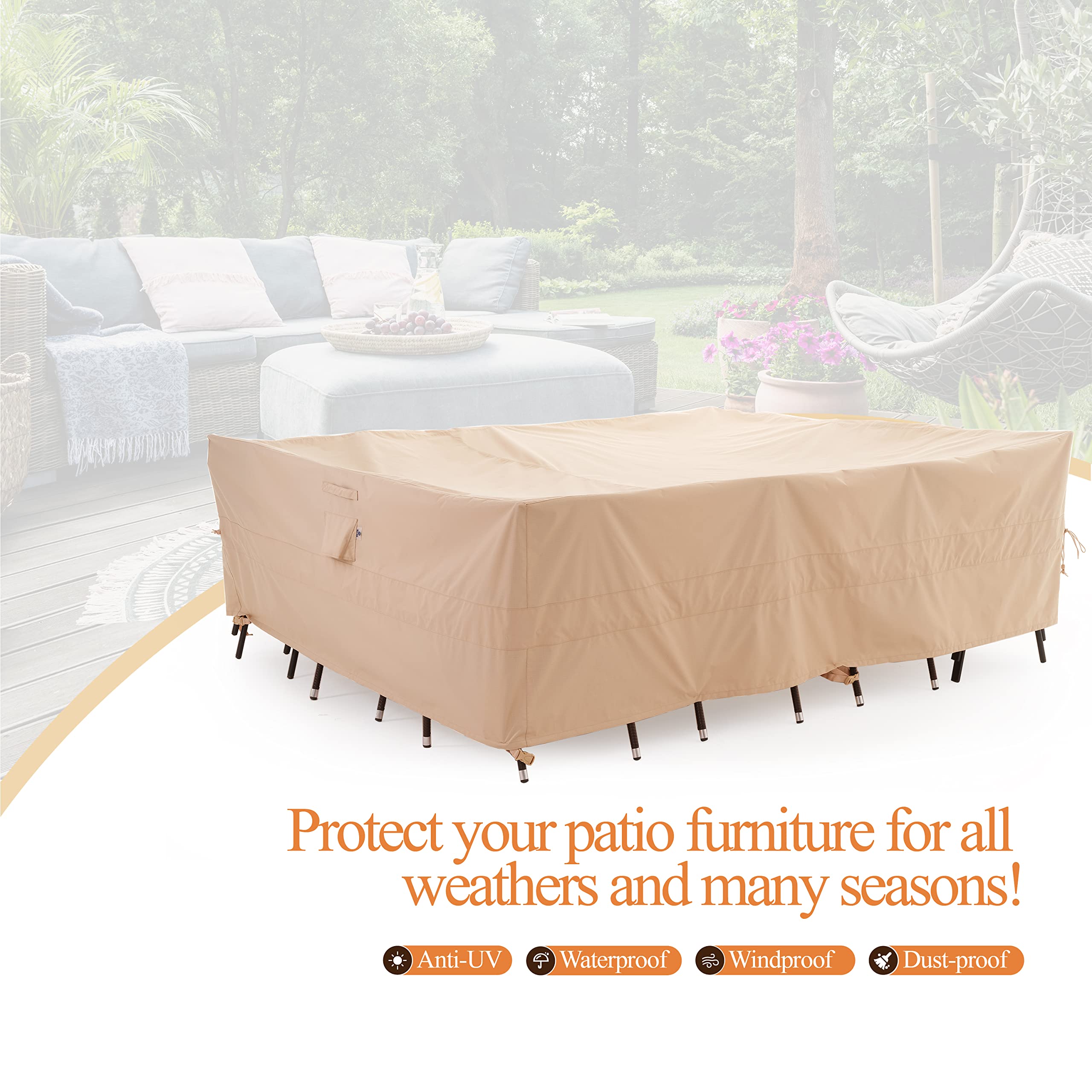 WJ-X3 Large Rectangular Beige Heavy-Duty Patio Table Cover, 136x88x36in - Wind-Resistant, Waterproof, Anti-Fade - Perfect for Outdoor Sectional Furniture Sets