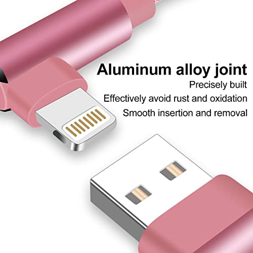 Lieyichan MFI Certified 90 Degree iPhone Charger 10 FT Lightning Cable 3 Pack Right Angled Brided iPhone Charging & Syncing Cord for iPad/iPhone12/11/XR/XS/Max/X/8/7/6(Pink,10ft)