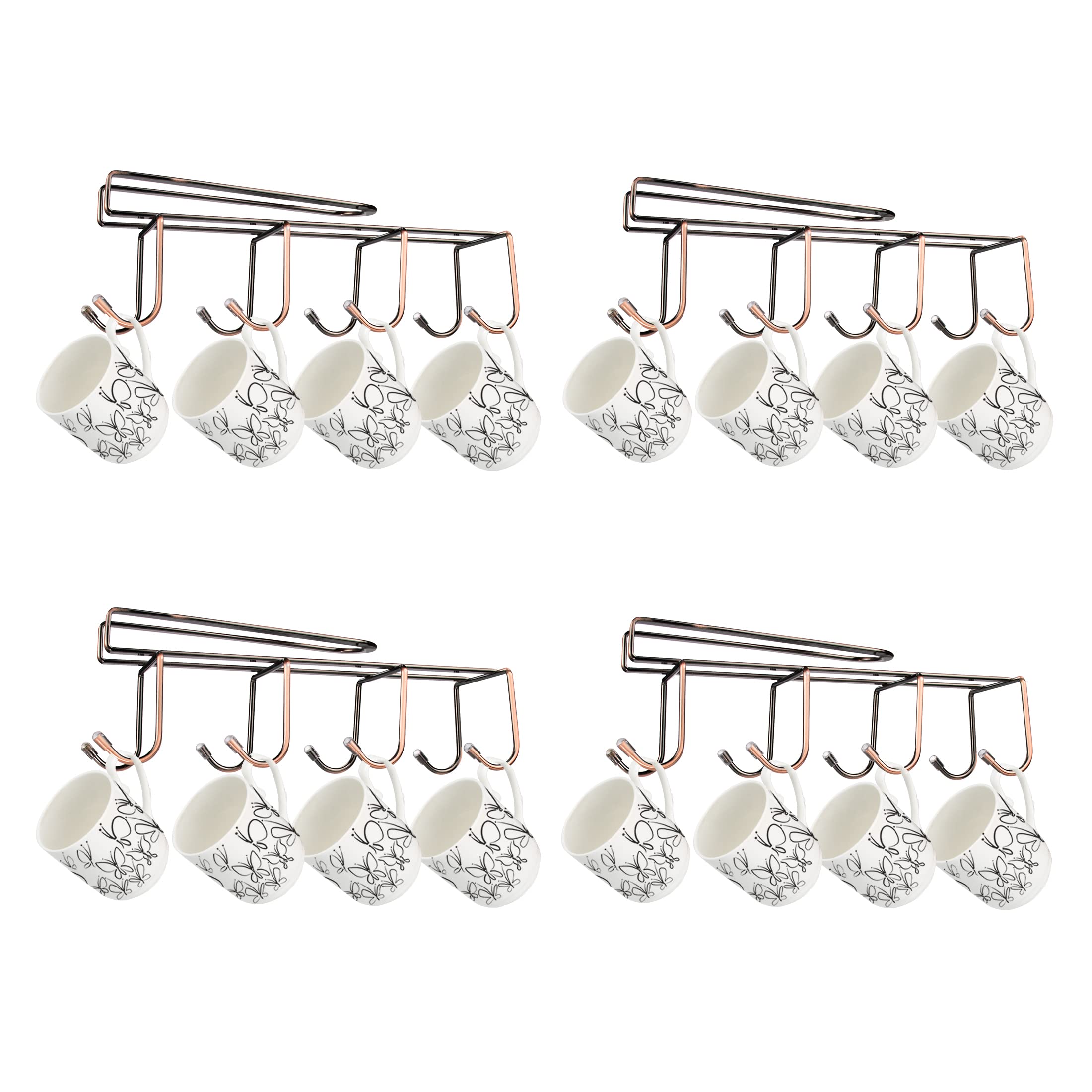 MODOWEY 4Pcs Coffee Mug Holder, Durable Under Cabinet Cup Coffee Mug Holder for Kitchen, 8 Hooks Cup Rack Under Shelf - Fit for The Cabinet 1" or Less