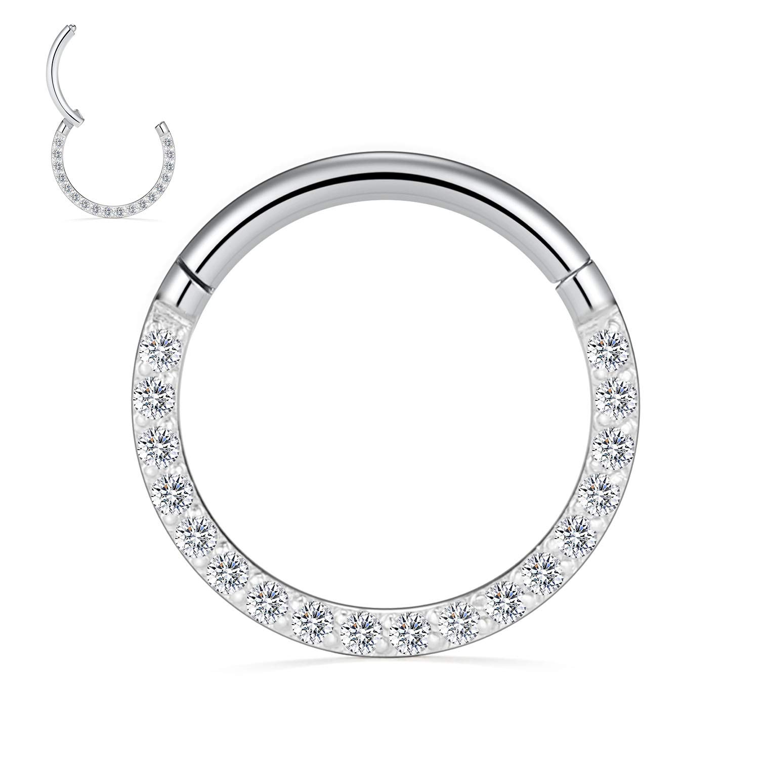PEAKLINK 16G Septum Jewelry CZ Septum Ring G23 Titanium Seamless Segment Hinged Clicker Ring Conch Ring Helix Piercing Cartilage Tragus Earrings 6mm Nose Hoop Ring Silver Daith Piercing Jewelry