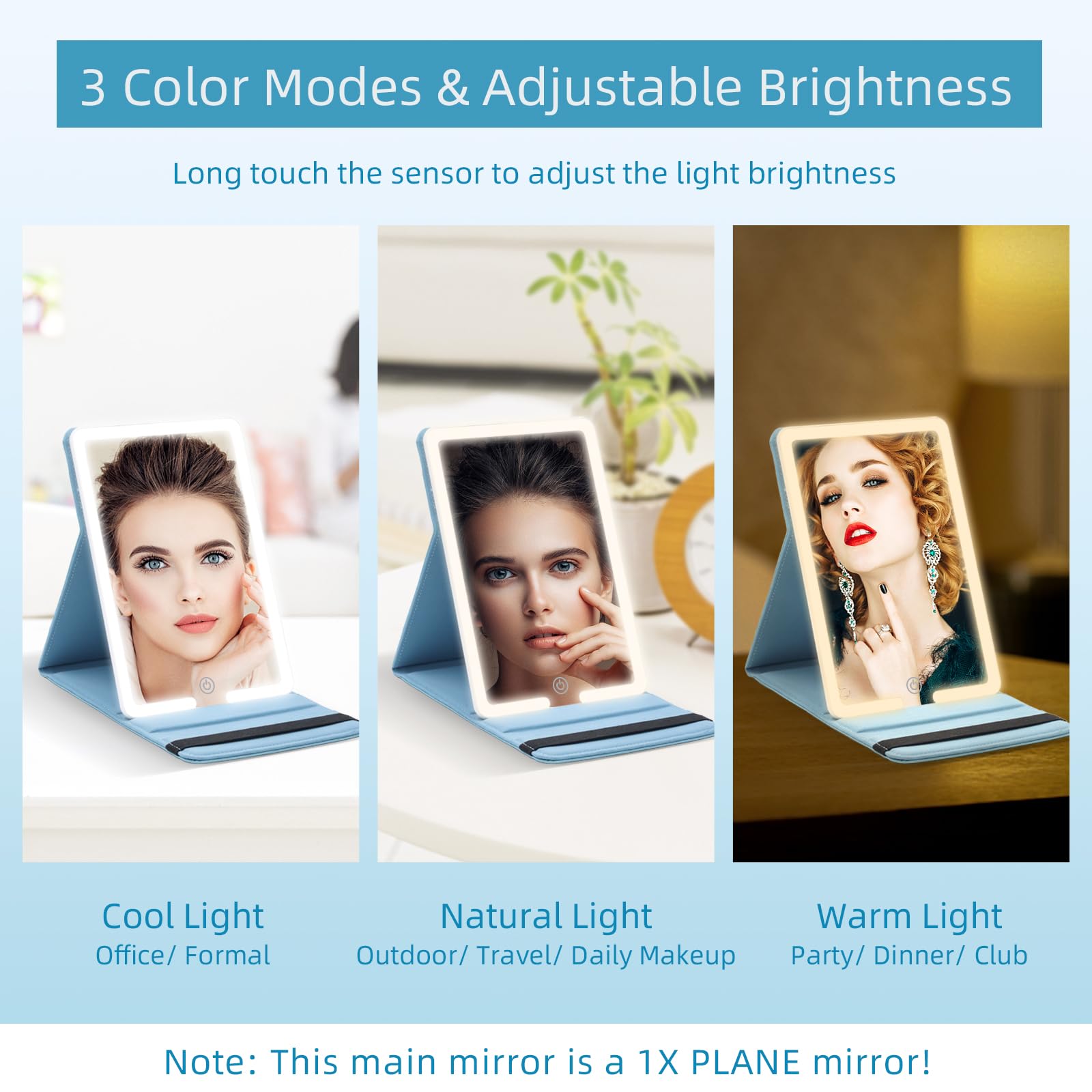 Travel Mirror with Light and Round 10X 20X Magnifying Mirror, PU Leather Travel Makeup Mirror with 3 Light Settings, Portable LED Lighted Makeup Mirror of 8 * 5.5inch, with 2000mAh (Set-Blue)