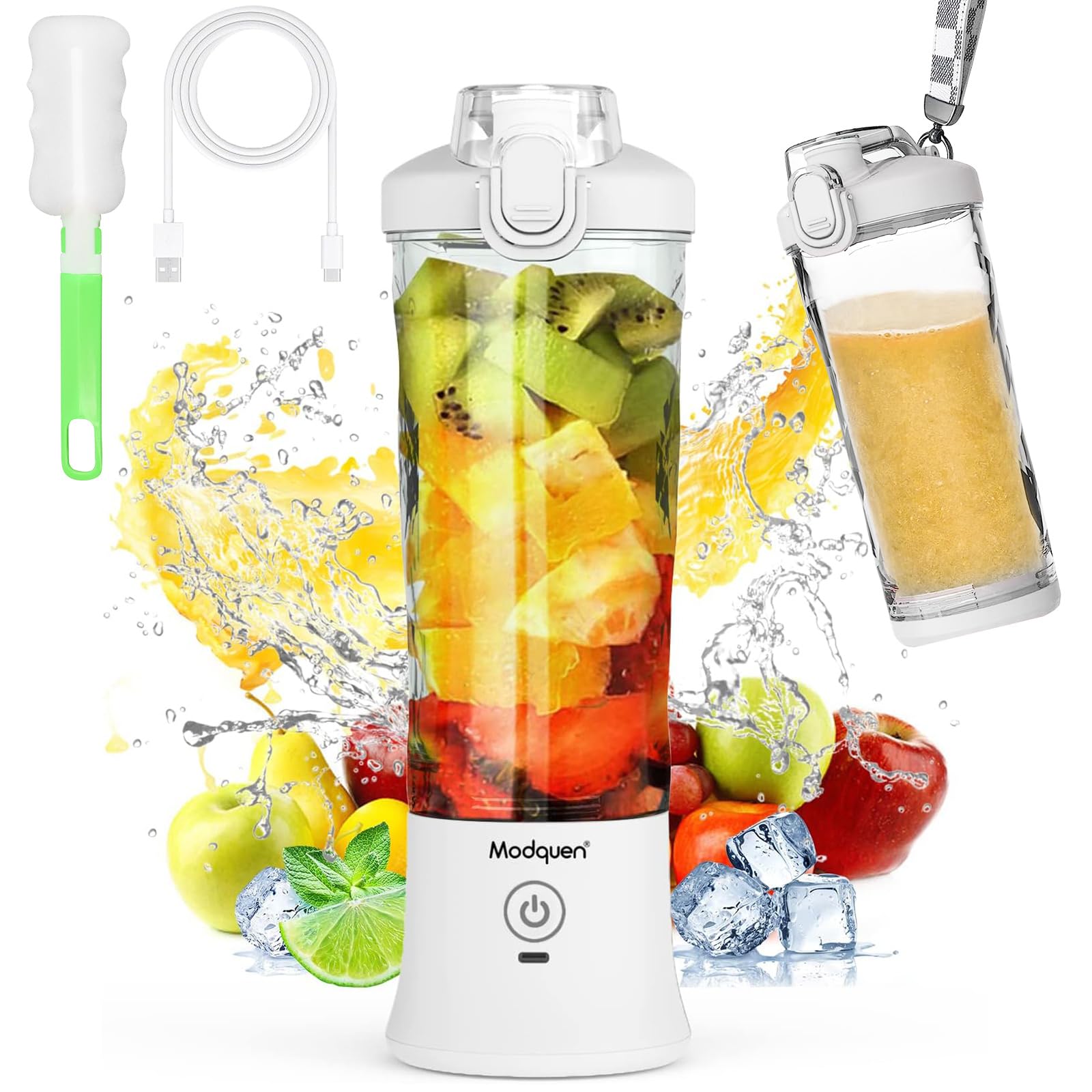 Modquen Portable Blender, 20 oz Personal Size Blender, Shakes and Smoothies Blender, 240 Watt BPA-Free Mini Blender Cup, USB Rechargeable Cordless Blenders (White)