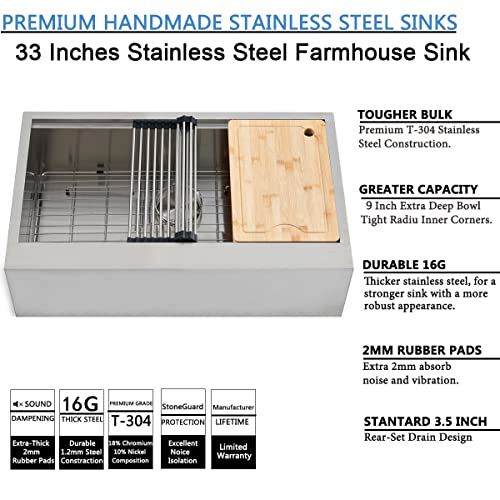 SHACO 33 Inch Farmhouse Sink, 33x20x9 Stainless Steel Farmhouse Kitchen Sink, 9 Inch Deep Brushed Nickel Single Bowl Ledge Workstation Sink, Apron Front Farm Sink with Cutting Board