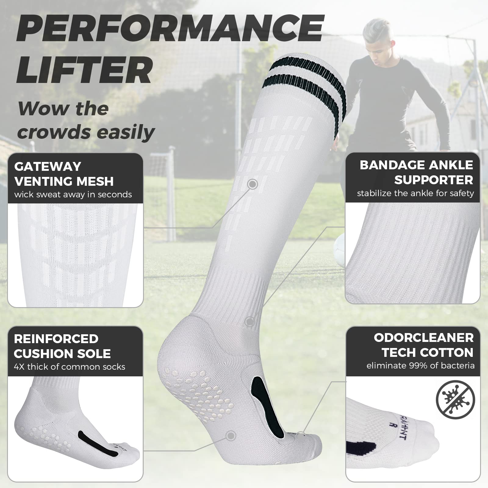 Rahhint Soccer Socks (2 Pack) Anti Slip Grip Socks Multi-Sport Compression Knee High Crew Socks for Adult&Children White