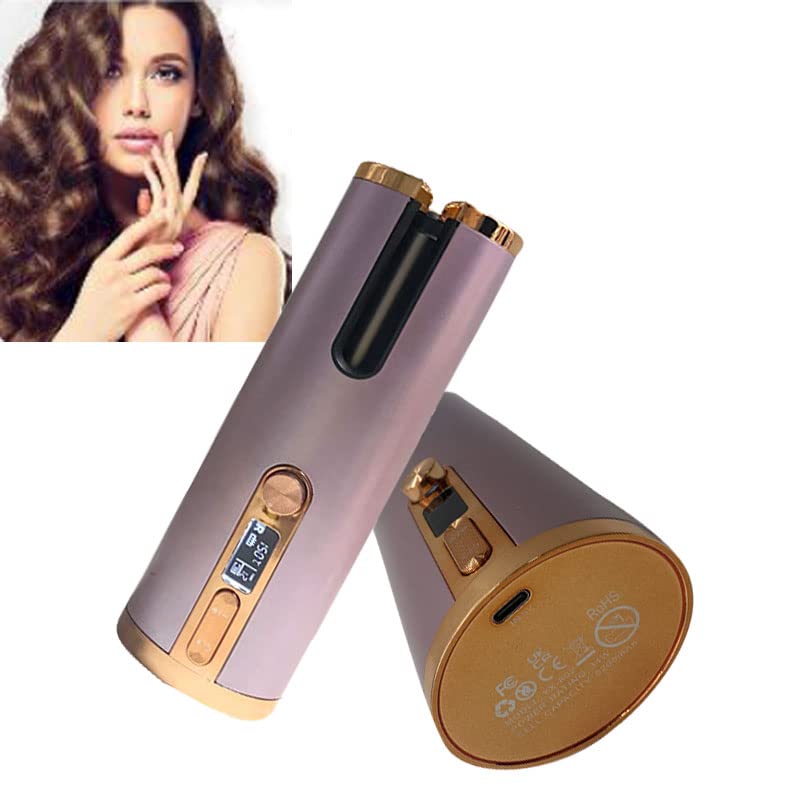USB Automatic Hair Curler Cordless Automatic Curling Tongs with Rechargeable Battery Heat Isolating Chamber LCD Display 6Kinds of Temperature Control & Timer Settings (Gradient Pink)