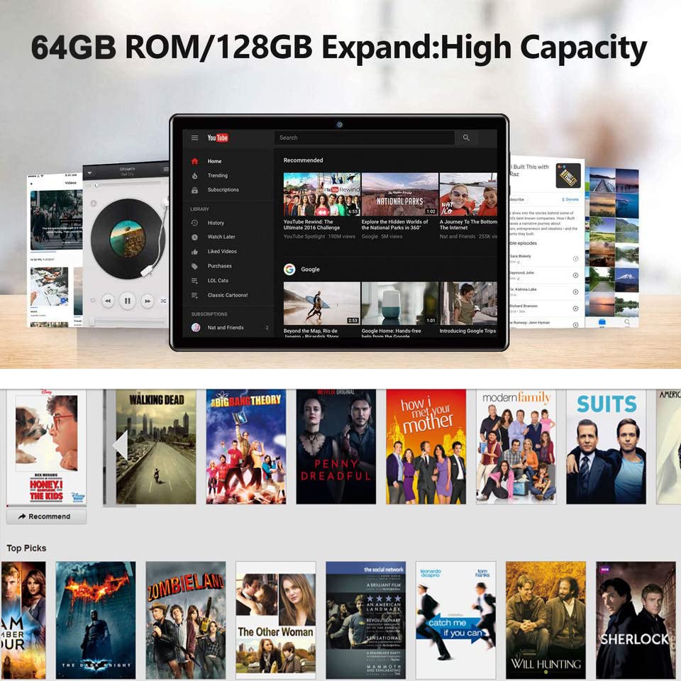 Tablet PC 10 inch Google Android Tab PC, Quad Core 1.5Ghz, 4GB RAM 64GB ROM, HD IPS Touch Screen, Dual Camera, 5000mAh Battery, Wi-fi, Bluetooth, FM, GMS