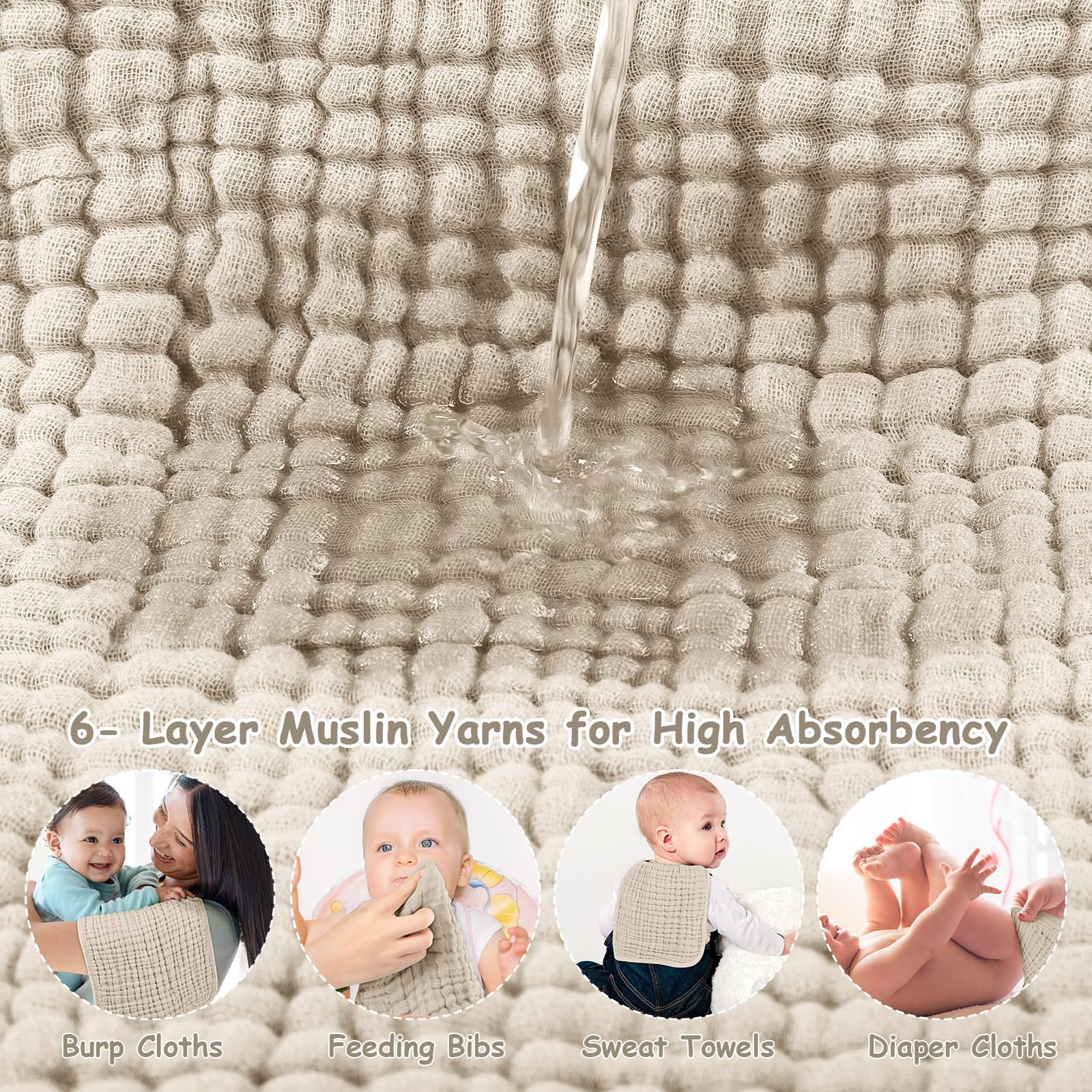 Looxii 100% Cotton Muslin Burp Cloths Large 20''x10'' Extra Soft and Absorbent 6 Pack Baby Burping Cloth for Boys and Girls (Apricot)