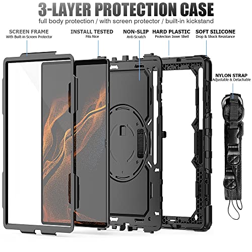 Tablet Protective Clips For Samsung Galaxy Tab S8 Ultra 14.6" (SM-X900/ X906) Heavy Duty Shockproof TPU Case,Protective Cover W Screen Protector 360 Swivel Kickstand+Hand Strap+Shoulder Strap Tablet P