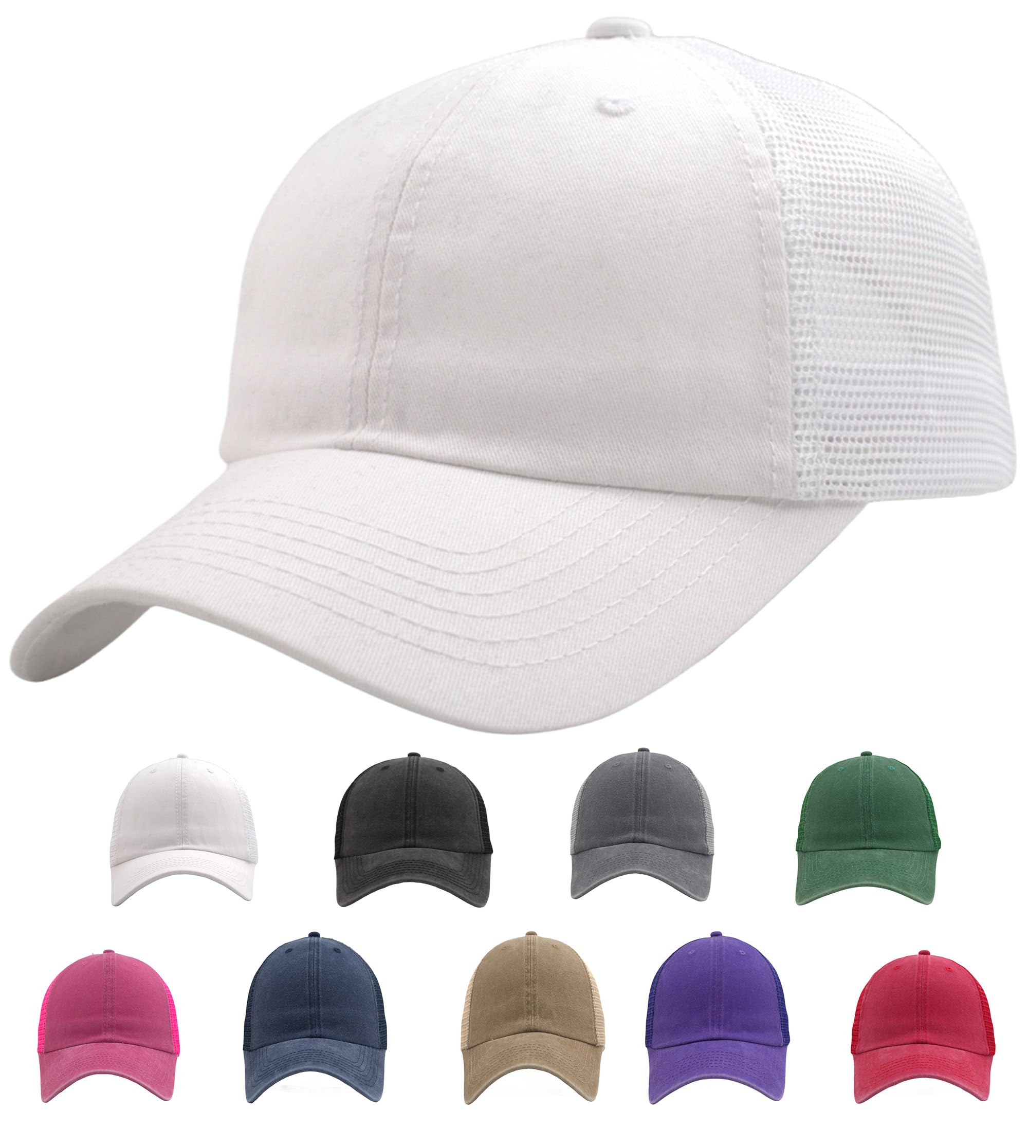 Vintage Washed Snapback Summer Trucker Baseball Hat for Women, Unstructured Cotton Crown/Soft Mesh/Flexible Visor/Foldbale for Pocket-White
