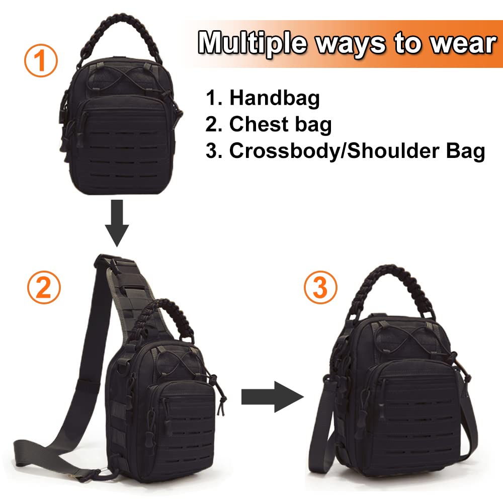 Tactical Shoulder Bag for Men, Military EDC Sling Bag with Molle Systerm for Cycling Hiking Camping Metal Detecting (Black)