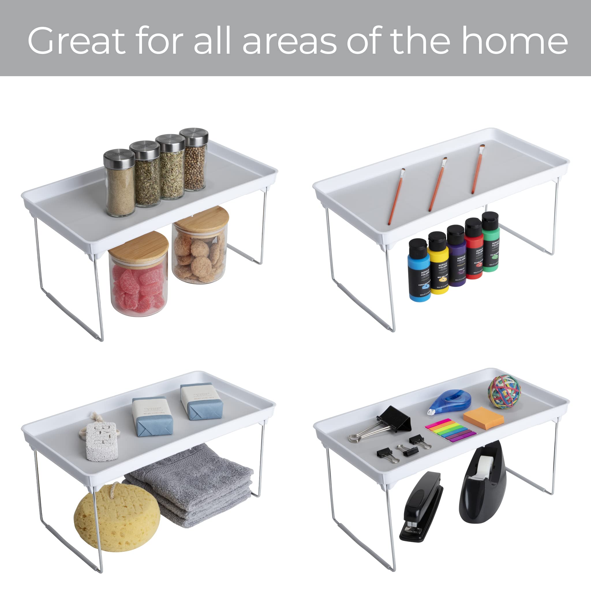 Smart Design Stackable Cabinet Shelf - Non-Slip Lining and Feet - BPA Free - Cupboard, Counter, Pantry, Storage, Kitchen Organizer - White with Gray