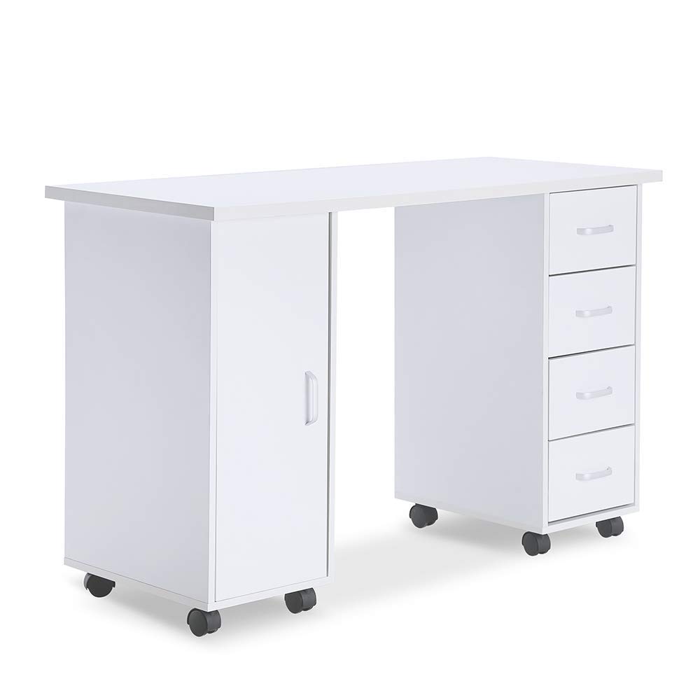 Paddie Manicure Nail Desk for Technician, Acetone Resistant Wooden Salon Spa Nail Table Station w/Cabinet, Drawers, Controllable Wheels & Client Wrist Pad