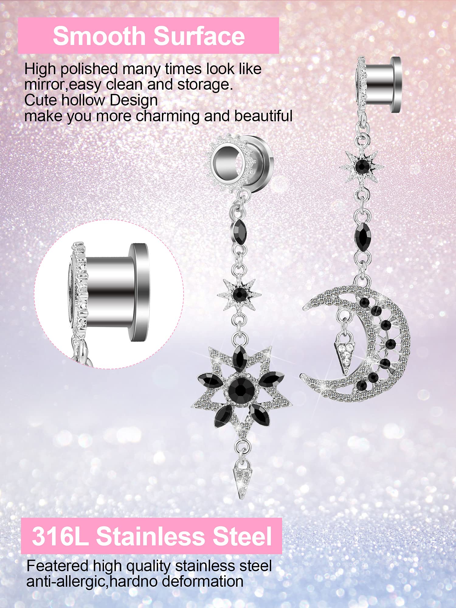Loviflower 4 Pairs 10 mm Gauges Dangle Chain Tunnels Leaf Moon Star Dangle Ear Tunnel Plugs