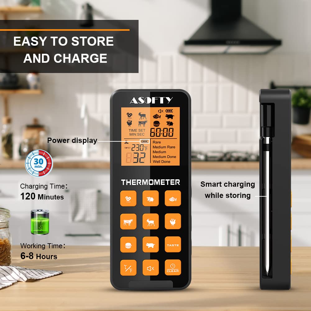 Smart Meat Thermometer Wireless, ASOFTY 200FT Digital Meat Thermomter for Cooking, BBQ Thermometer for Grilling Oven Smoker