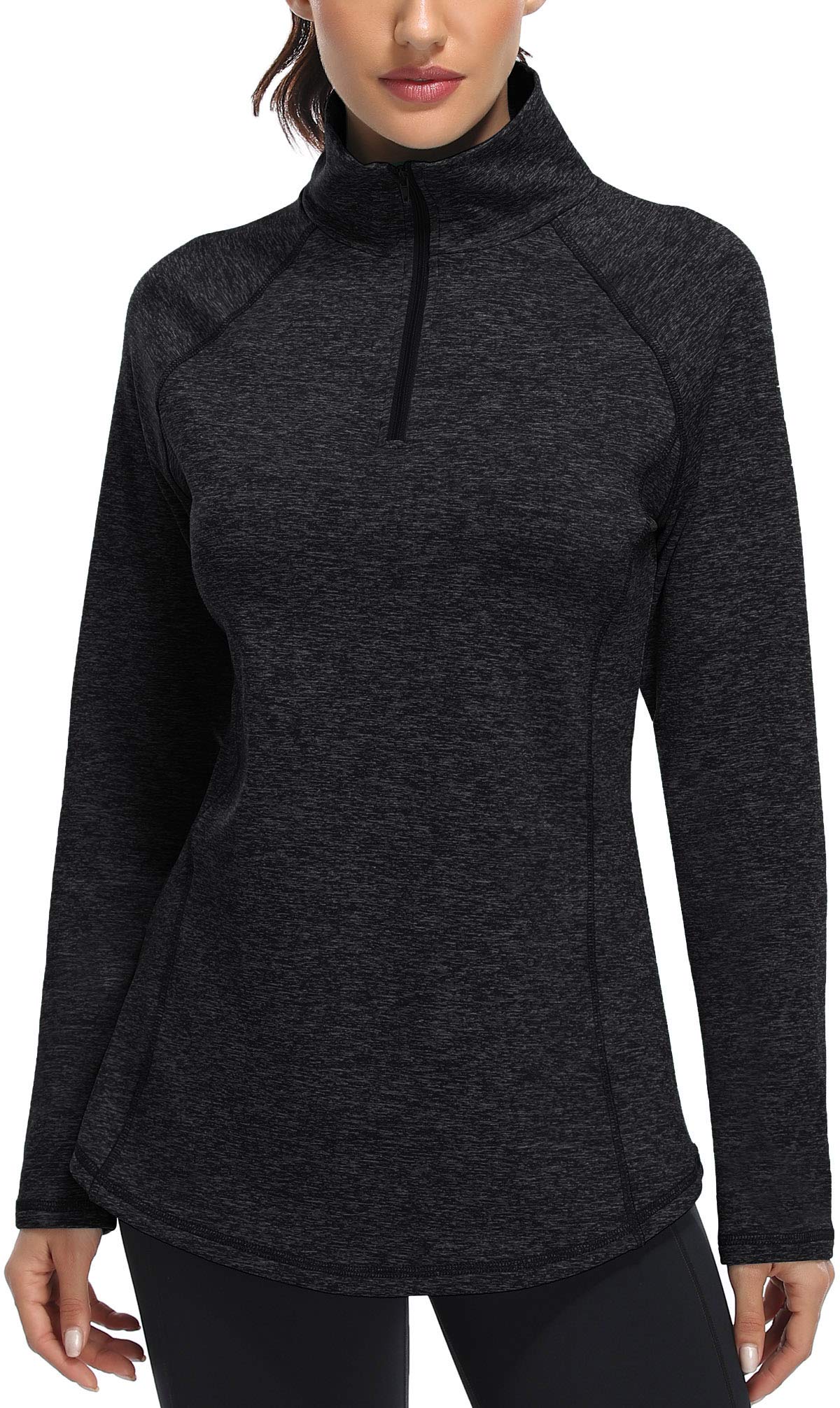 Miusey Long Sleeve Workout Tops for Women to Wear with Leggings,Ladies Hiking T-Shirt with Zipper Classy Plain Quick Drying Polo Pullover Stretch Athletic Pilates Cycling Tee Black2 M