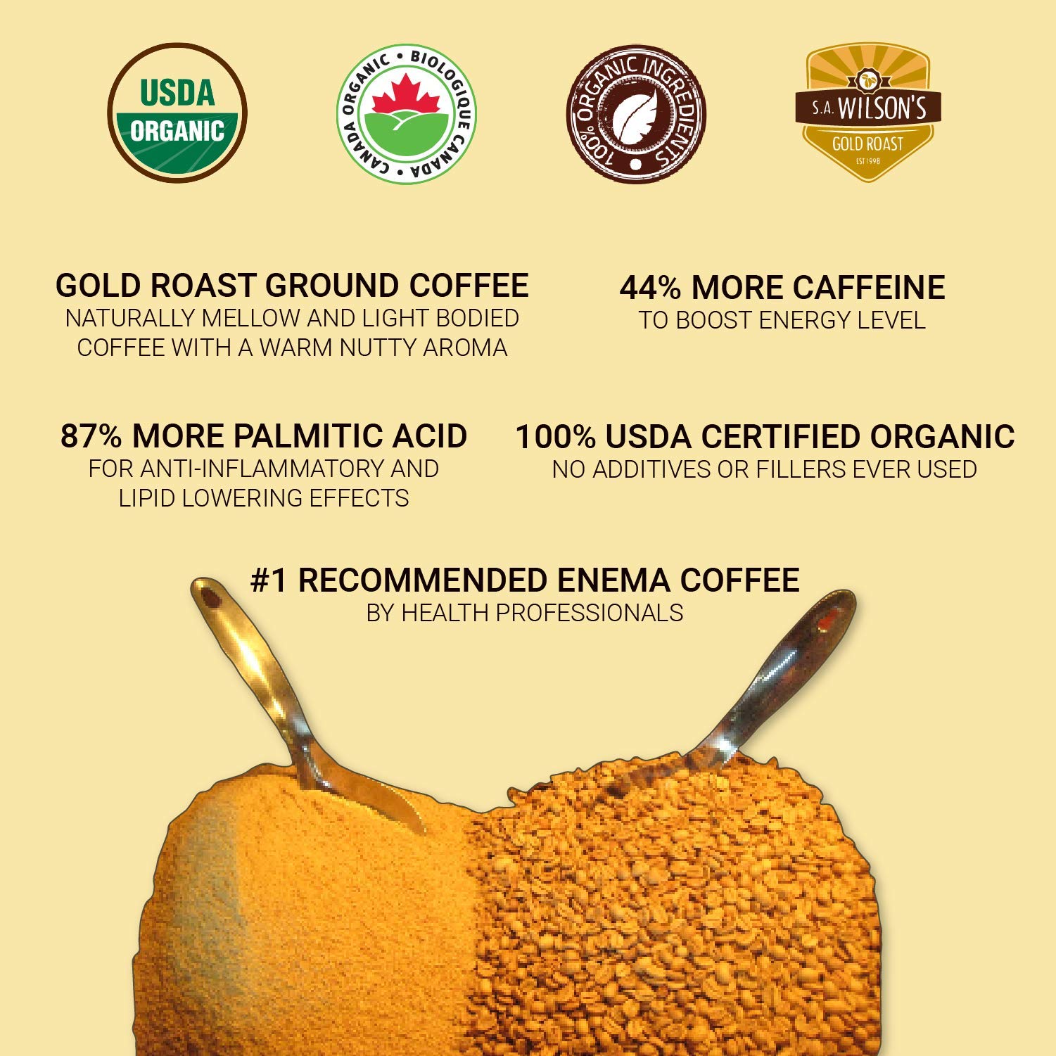 Organic Coffee Enema Coffee Gold Coffee Enema Organic High Caffeine Coffee (44 Higher Caffeine) by S.A. Wilson Enema Coffee 2-Pack with Kinara Coffee Scoop, 3 Piece Set
