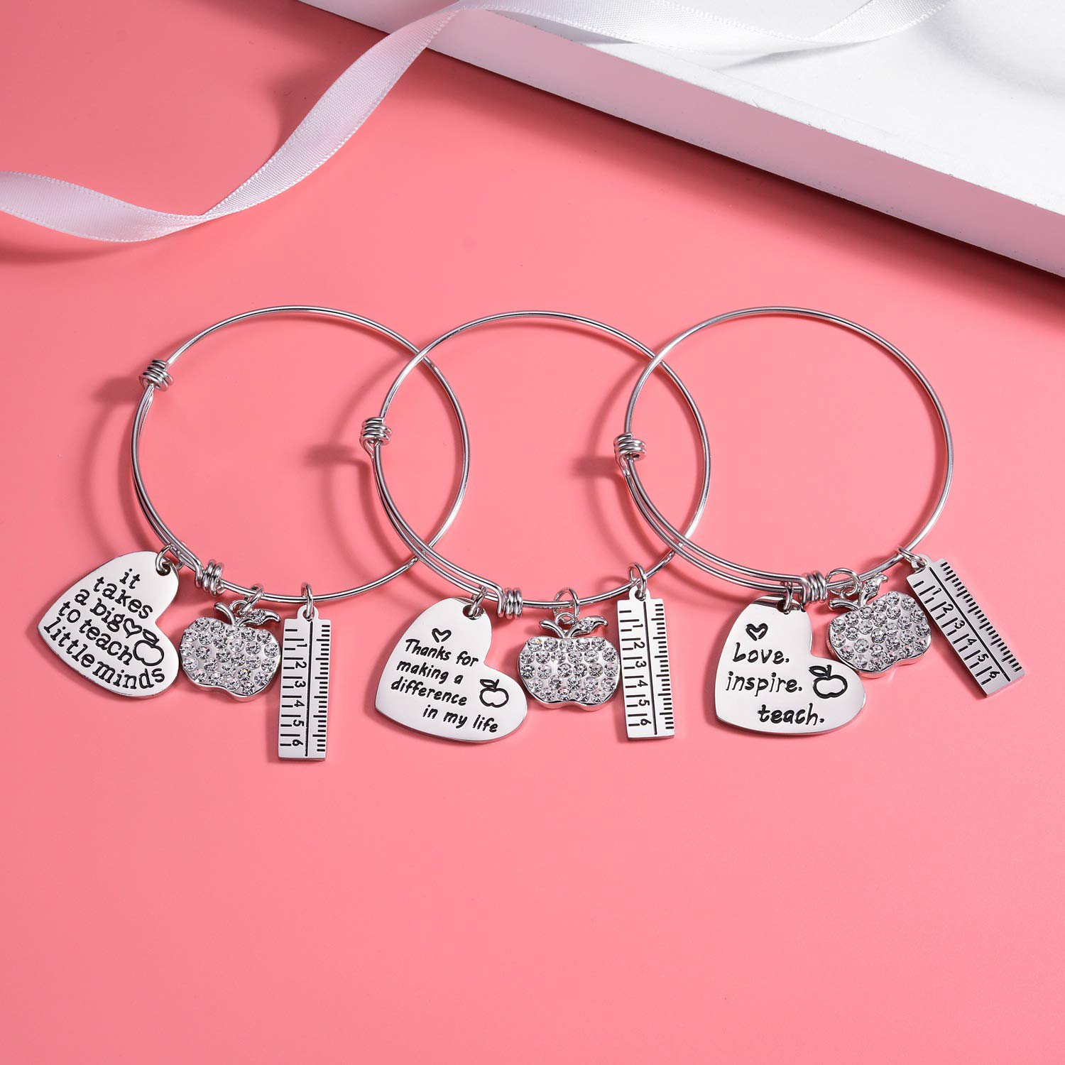 Nzztont Pack Of 3 Teacher Bangles Gifts For Teacher Open School Gifts For Teachers Thank You Bangle Bracelets (3PCs Bangles Mixed Style 01)