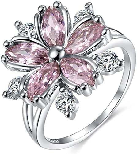 Silver Plated Big Pink Crystal Cubic Zirconia Flower Rings Large Floral Finger Ring for Women Lady Gift Size 10, Pink,Silver