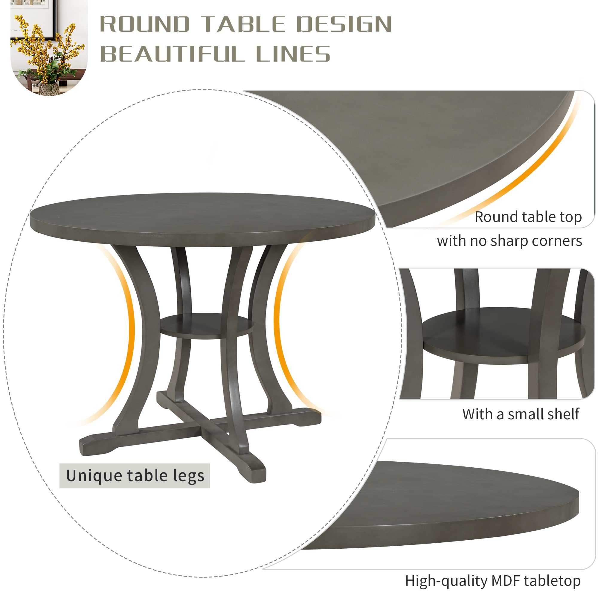 LCH 5 Piece Round Table Set 4 with Special-shaped Legs and an Exquisitely Designed Hollow Chair Back in The Dining Room (Grey)