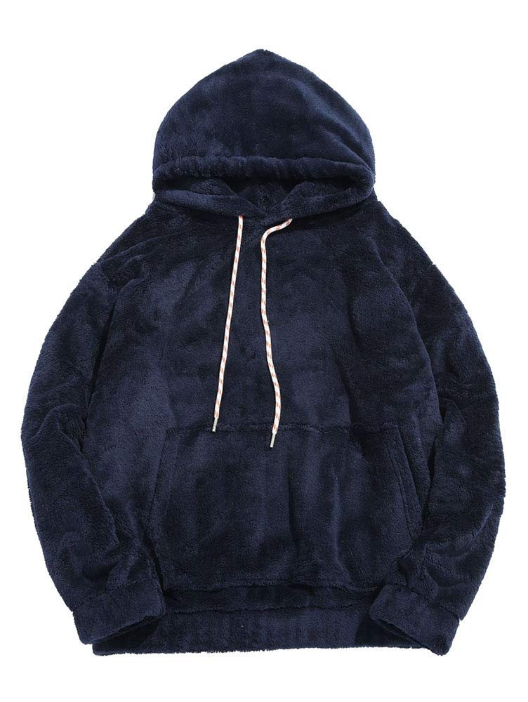 Mens Fleece Hoodies Sweatshirt Winter Warm Fuzzy Pullover Chunky Fluffy Outwear Navy Blue