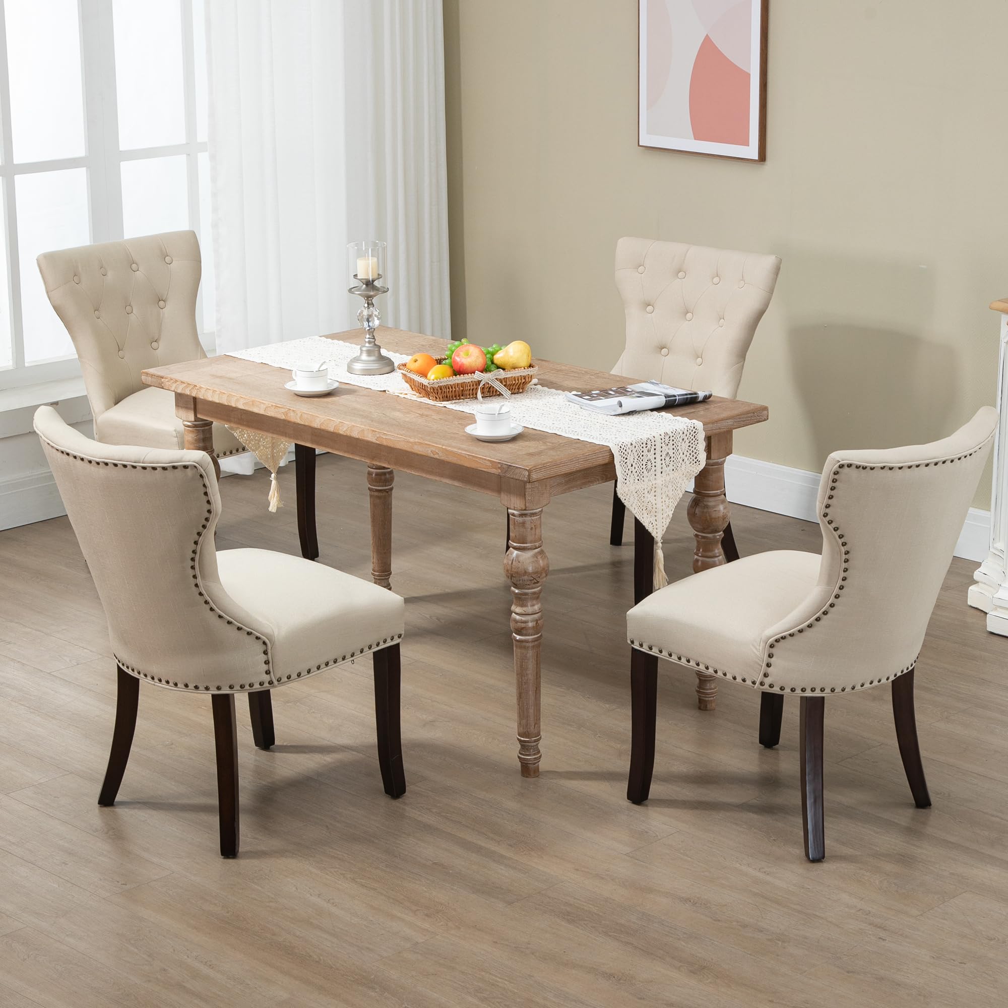 LSSBOUGHT Set of 2 Fabric Dining Chairs Leisure Padded Accent Chairs with Brown Solid Wooden Legs Nailed Trim 300 LBS Weight Capacity, Tan
