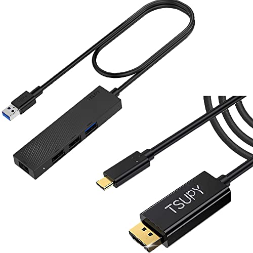 TSUPY USB 3.0 HUB 4-Port USB Hub with 3.3ft Extend Cable Ultra-Slim USB Splitter HUB, USB C to Displayport Cable 4K@60Hz