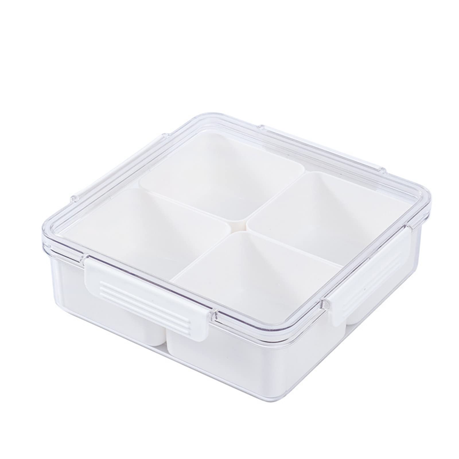 Qushy White Square Plastic Divided Serving Tray with Lid, 4 Compartments Snack Tray Serving Platter for Biscuits, Fruit, Veggie, Candies and Hot Pot
