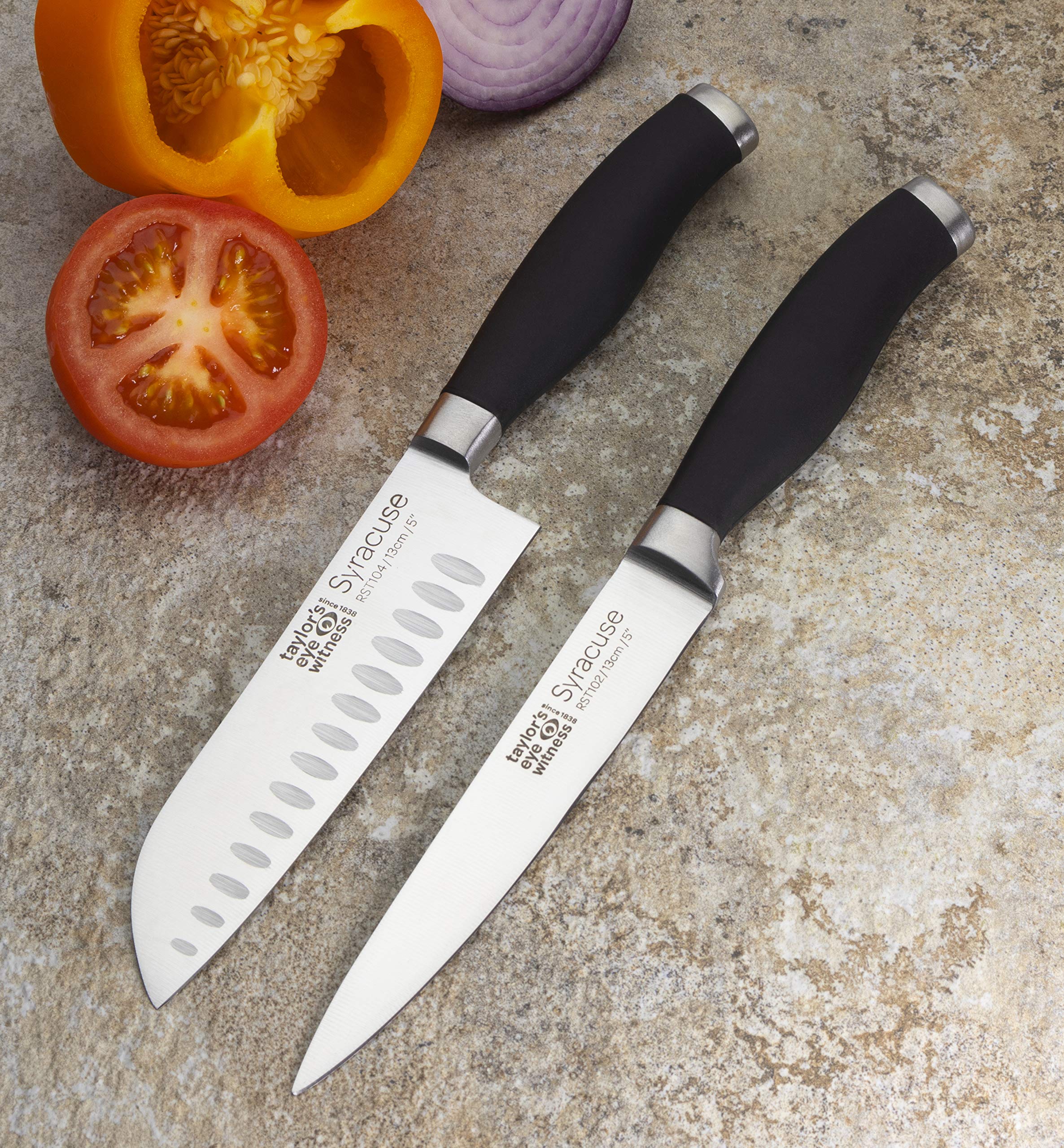 Taylors Eye Witness Syracuse Asian Kitchen Knife Set - Chefs Santoku 13cm/5β & Cooks All Purpose 13cm/5β Cutting Edge, Multi Use. Ultra Fine, Razor Sharp Blade. Soft Textured Grip Matte Black Handle.