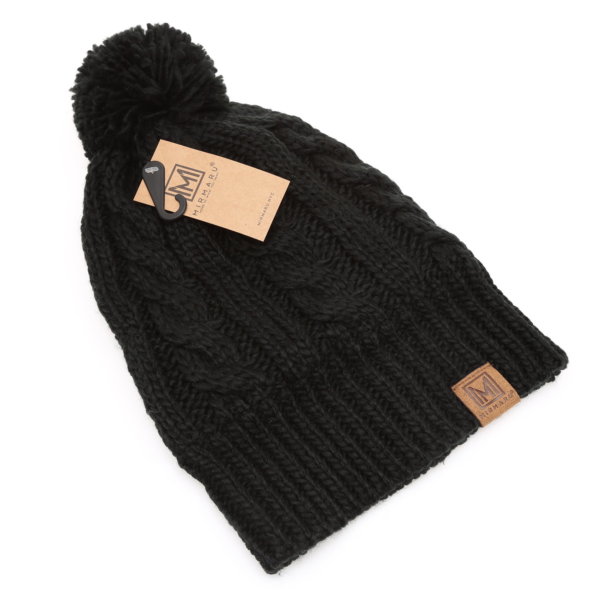 MIRMARU Winter Oversized Solid Color Cable Knitted Pom Pom Beanie Hat with Fleece Lining.(White)