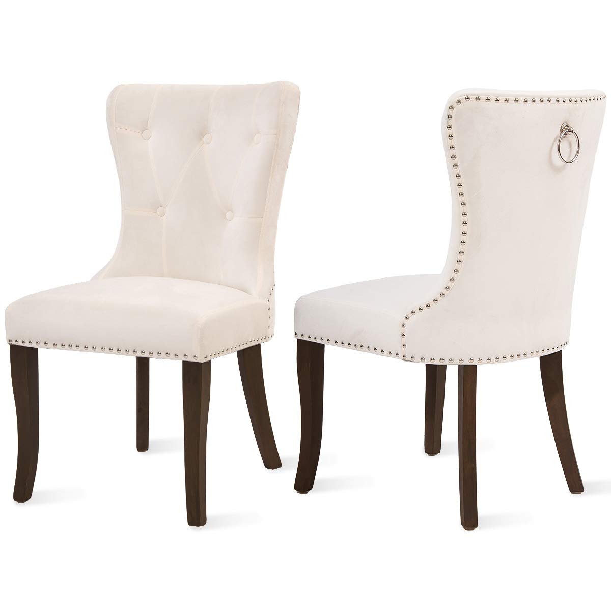 LCH Dining Set of 4, Upholstered Accent Button Tufted Armless Chair with Nailhead Trim and Back Ring Pull (Cream)
