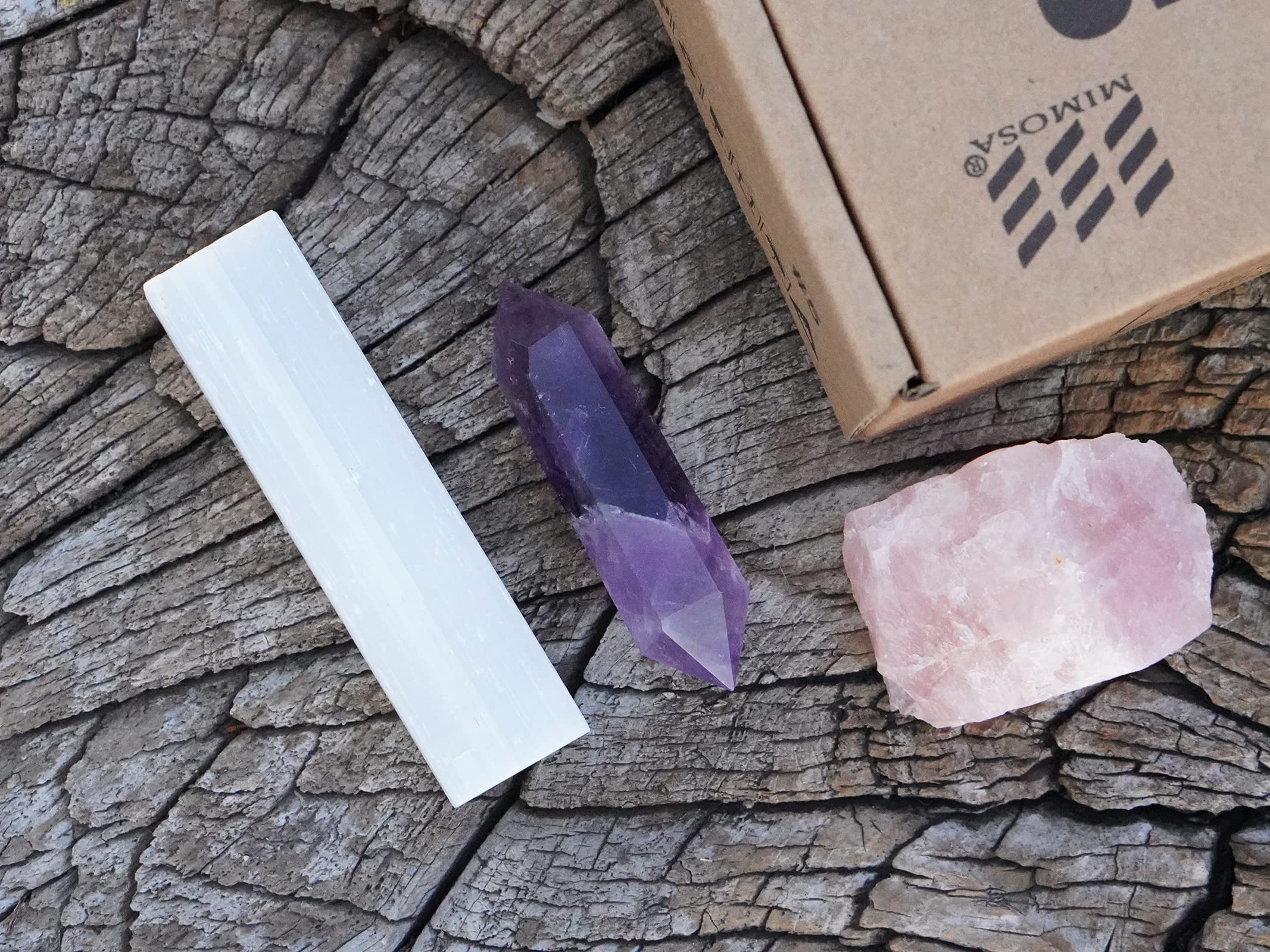 MIMOSA Healing Crystal Point Double Terminated Amethyst, Raw Rose Quartz &Selenite (Small)