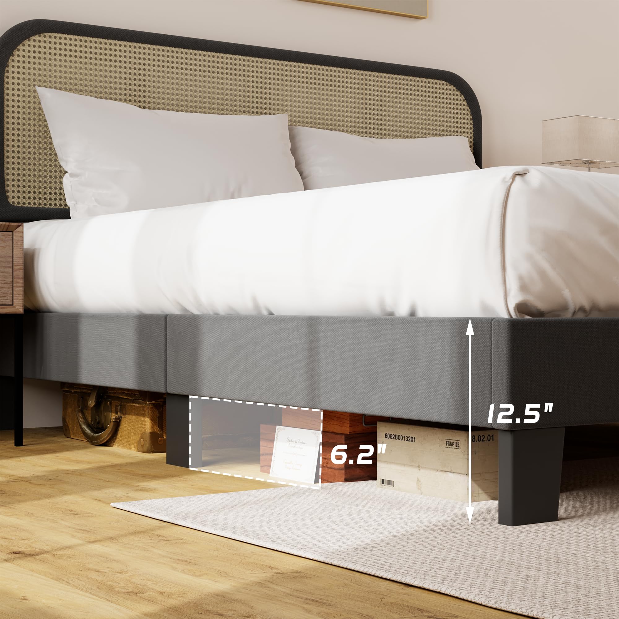 Lifezone Queen Bed Frame with Adjustable Rattan Headboard, Queen Size Bed Frame with Wood Slats Support, Safe Rounded Corner Design, Linen Fabric, High Feet, No Box Spring Needed, Dark Grey
