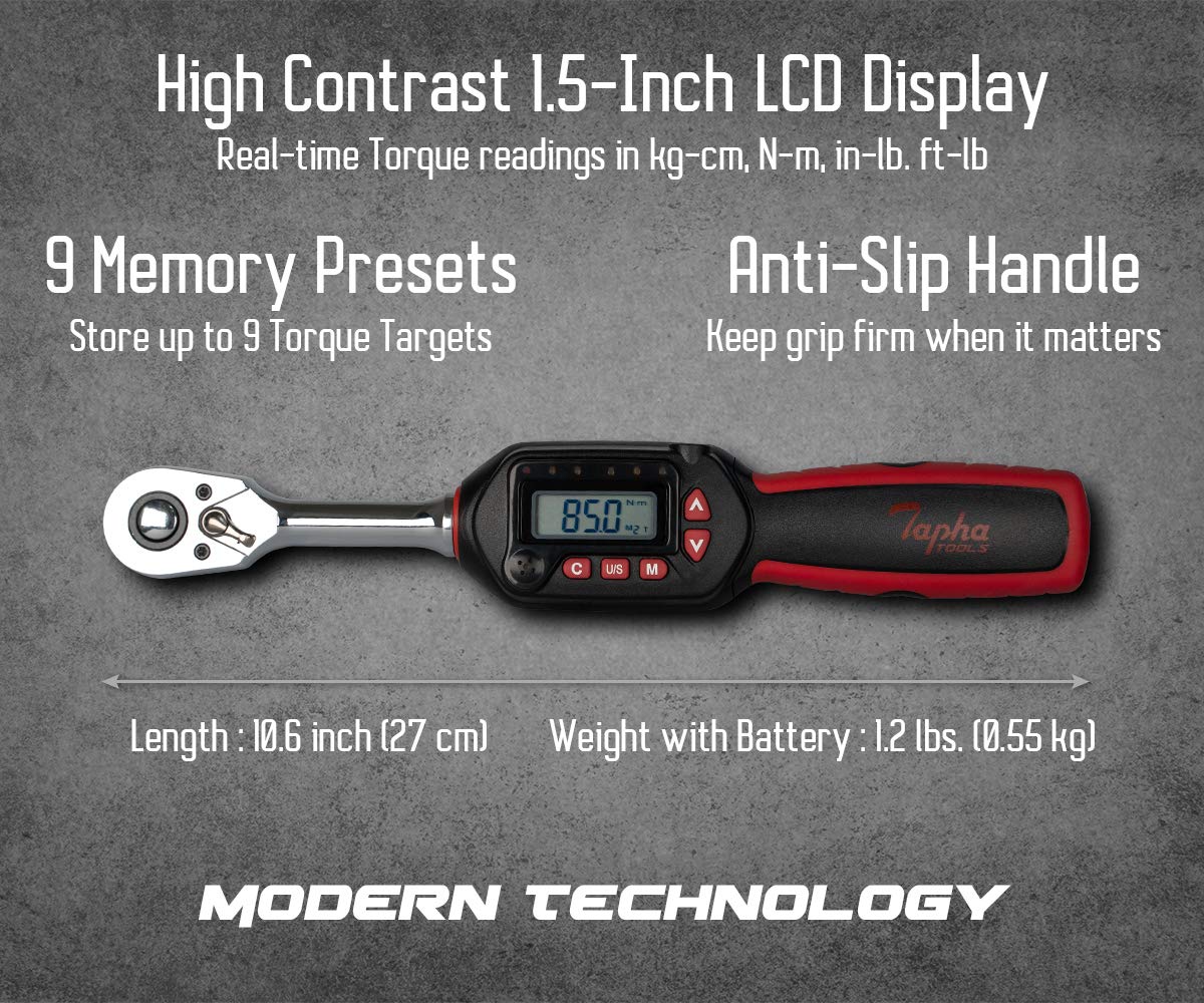 Tapha Tools 3/8 inch Digital Torque Wrench 3.1-62.7 ft-lbs (4.2-85 N-m) Torque Range, Accurate to ±2% Dual Direction, LED and Buzzer Notification, Preset Memory, ISO 6789, Calibrated (WP3N-T085BN)