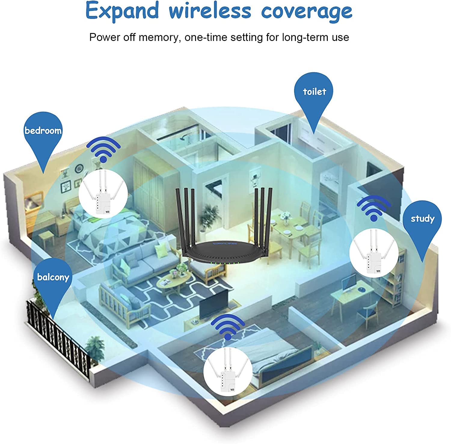 WiFi Extender - 1200Mbps Internet WiFi Booster, Coverage Up to 3000sq.ft, 2.4 & 5GHz WiFi Range Extender Signal Booster for Home, Dual Band 4 Antennas Full Coverage Wireless Signal Amplifier Repeater
