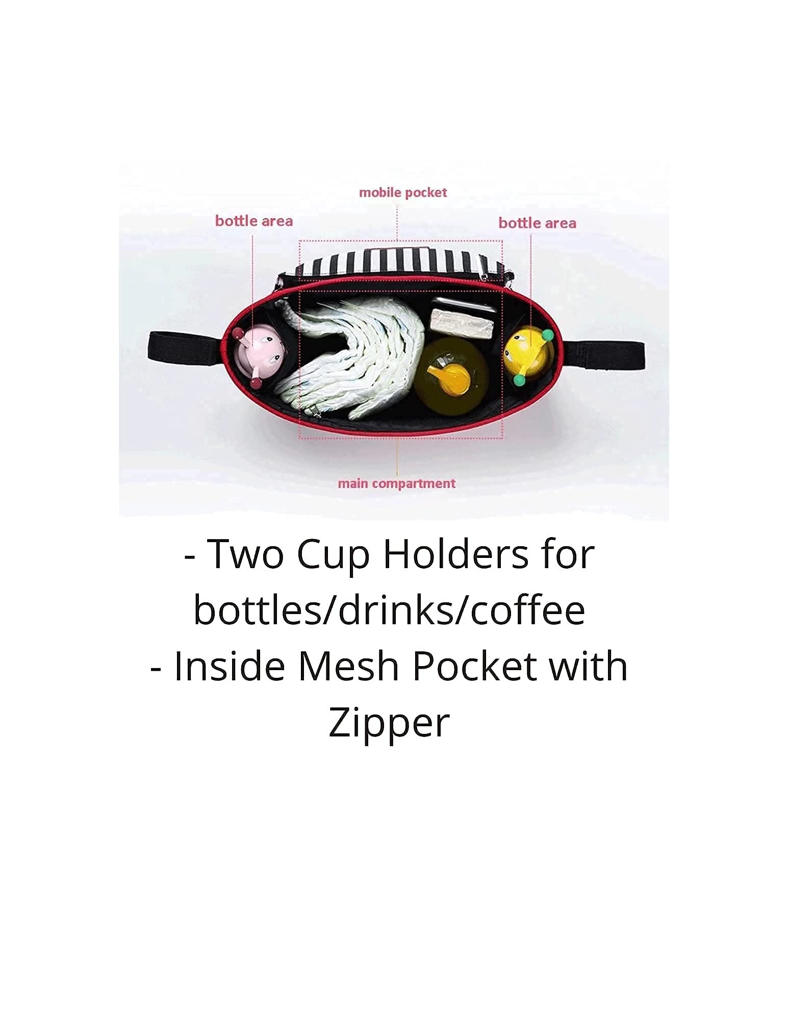 MySize Kidz Large Universal Stroller Organizer with Cup Holder and Front Zipper and adjustable straps, Large, For any stroller and Fits UppaBaby, BOB, Thule (Grey)