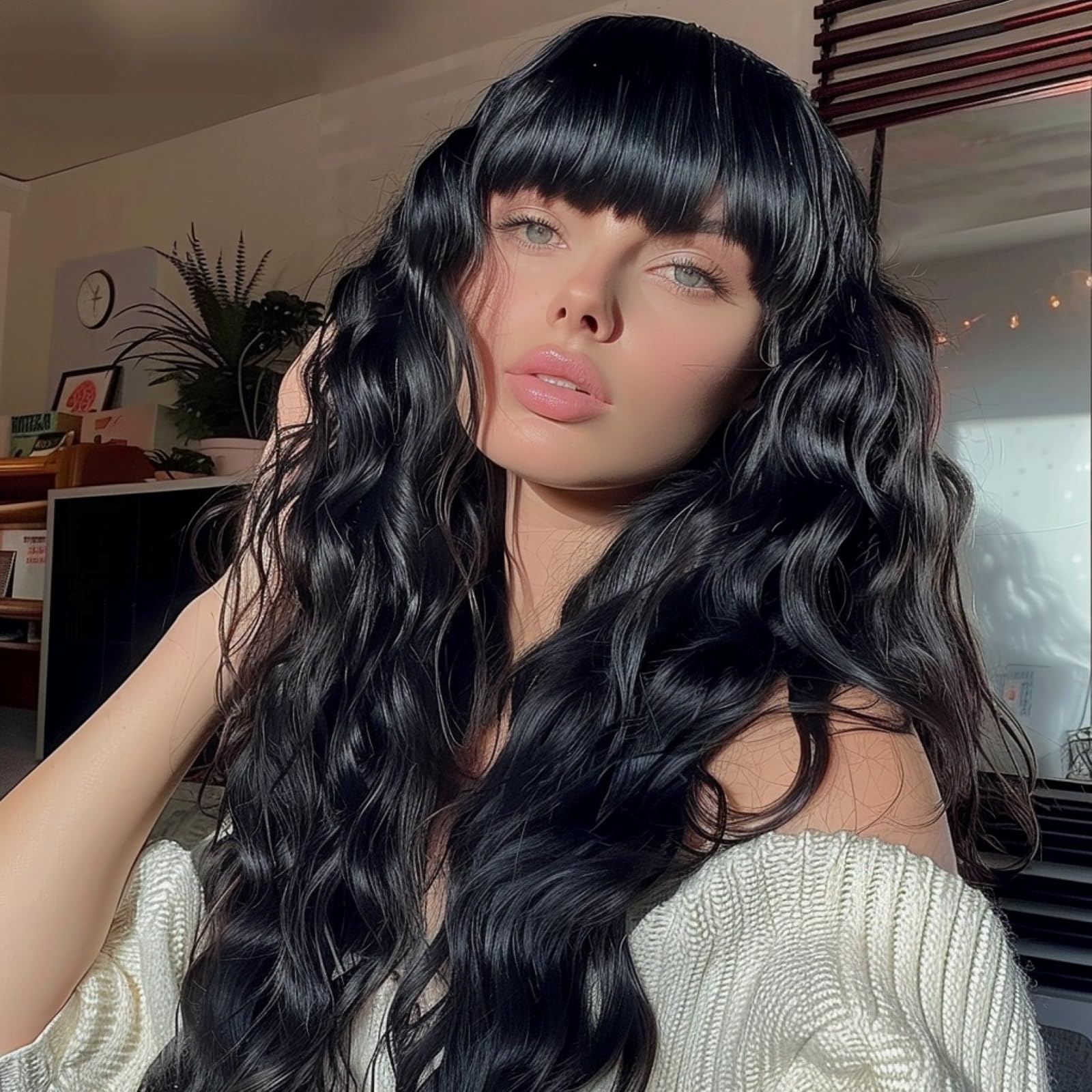 X-TRESS 22 Inches Synthetic Black Wavy Wigs with Bangs Synthetic Natural Curly Bang Black Wigs for Women Synthetic Hair Heat Resistant Fiber Hair Wigs for Daily Party Black Wig(1B)