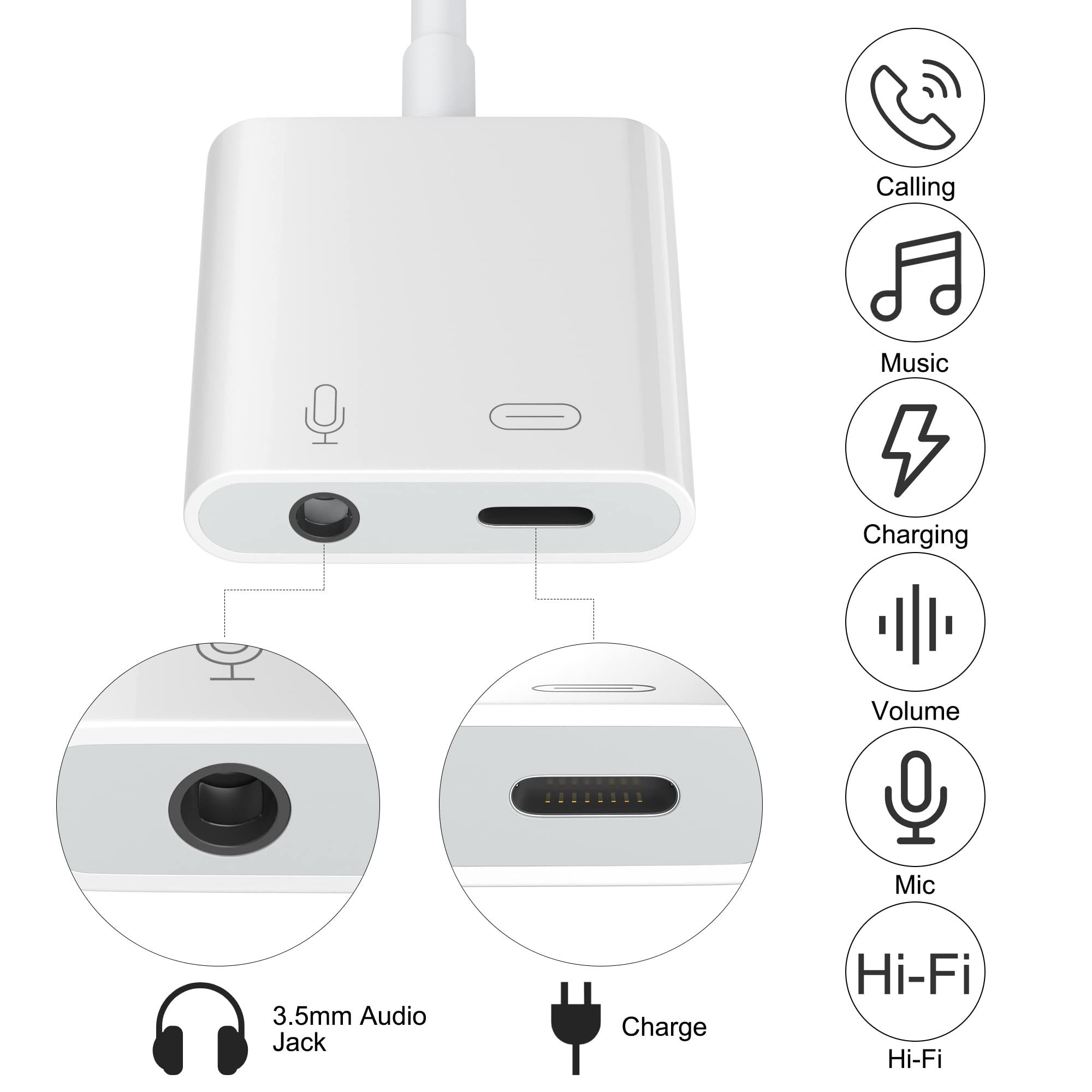 TIANSONG Headphone Adapter for iPhone Support Call, 2 in 1 Lightning to 3.5mm Earphone Audio Dongle with Charger Splitter Aux Accessories for iPhone 14/13/12/11Pro Max Xs X(White)