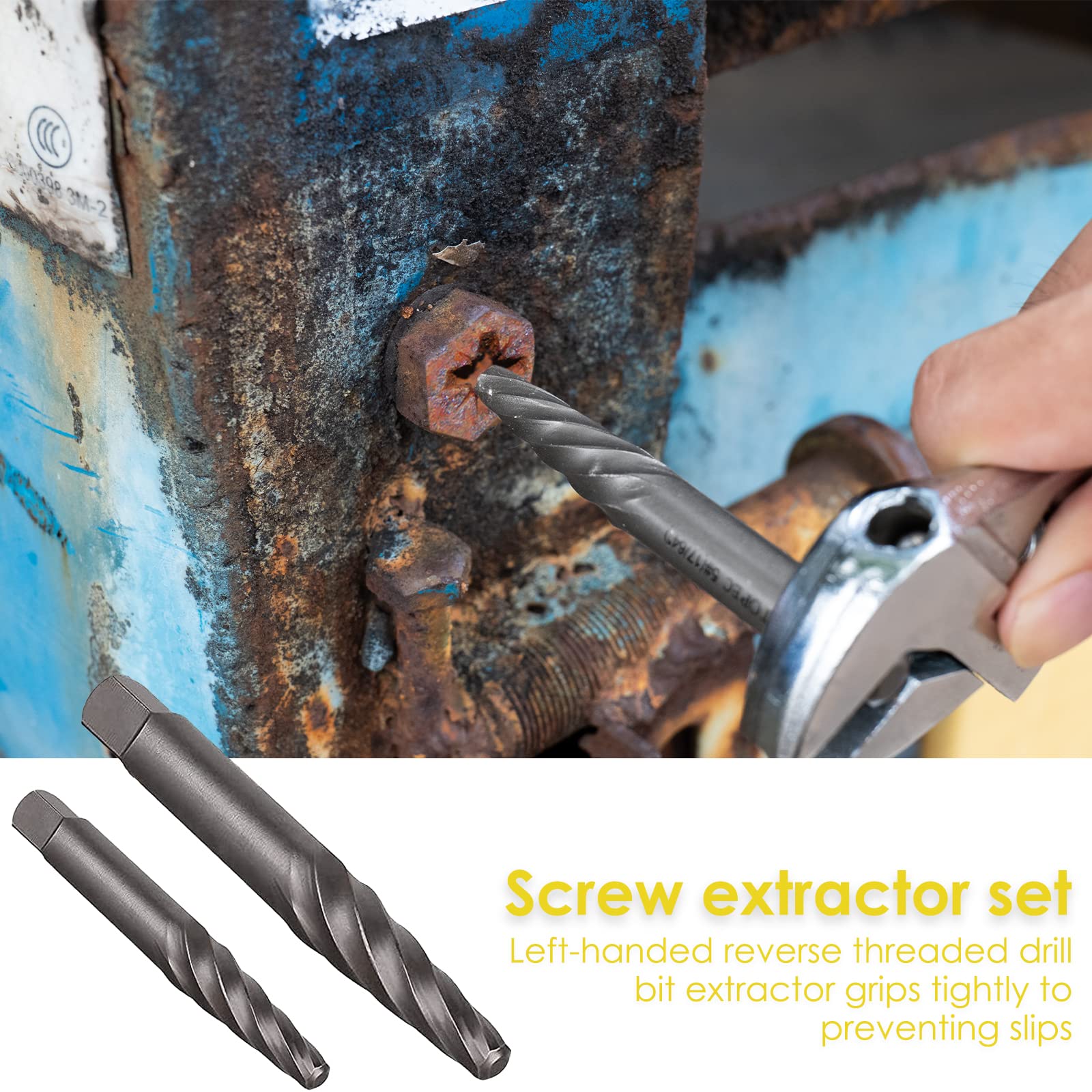 Topec 9 Piece Jumbo Spiral Flute Extractor -Easy Out Bolt Screw Extractor Set Square Shank Reverse Bit Set for Removing Broken Screws, Bolts, and Studs with Reverse Drill Bit Extractor Set