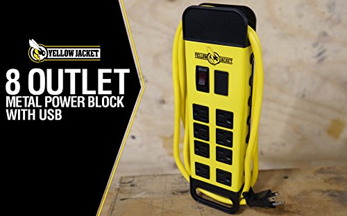 Yellow Jacket 5148 Modern 8-Outlet Metal Power Block with 2 USB Ports; Yellow