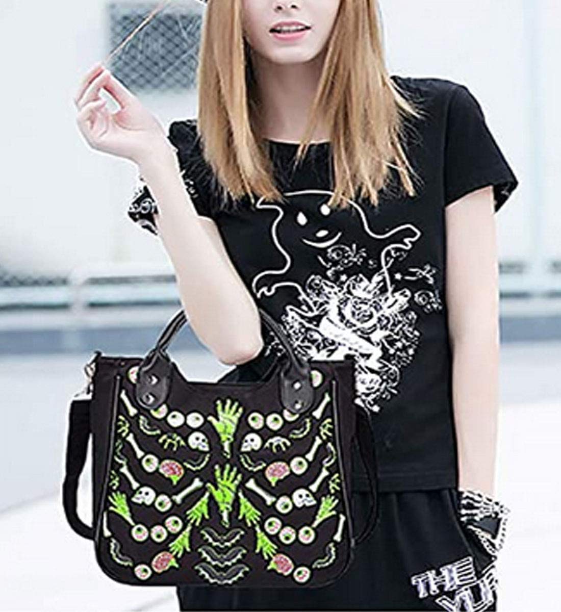 RainboSee Women Punk Rivet Handbag Purse Canvas Tote Shoulder Crossbody Bag Large Capacity Satchel Black (Skull)