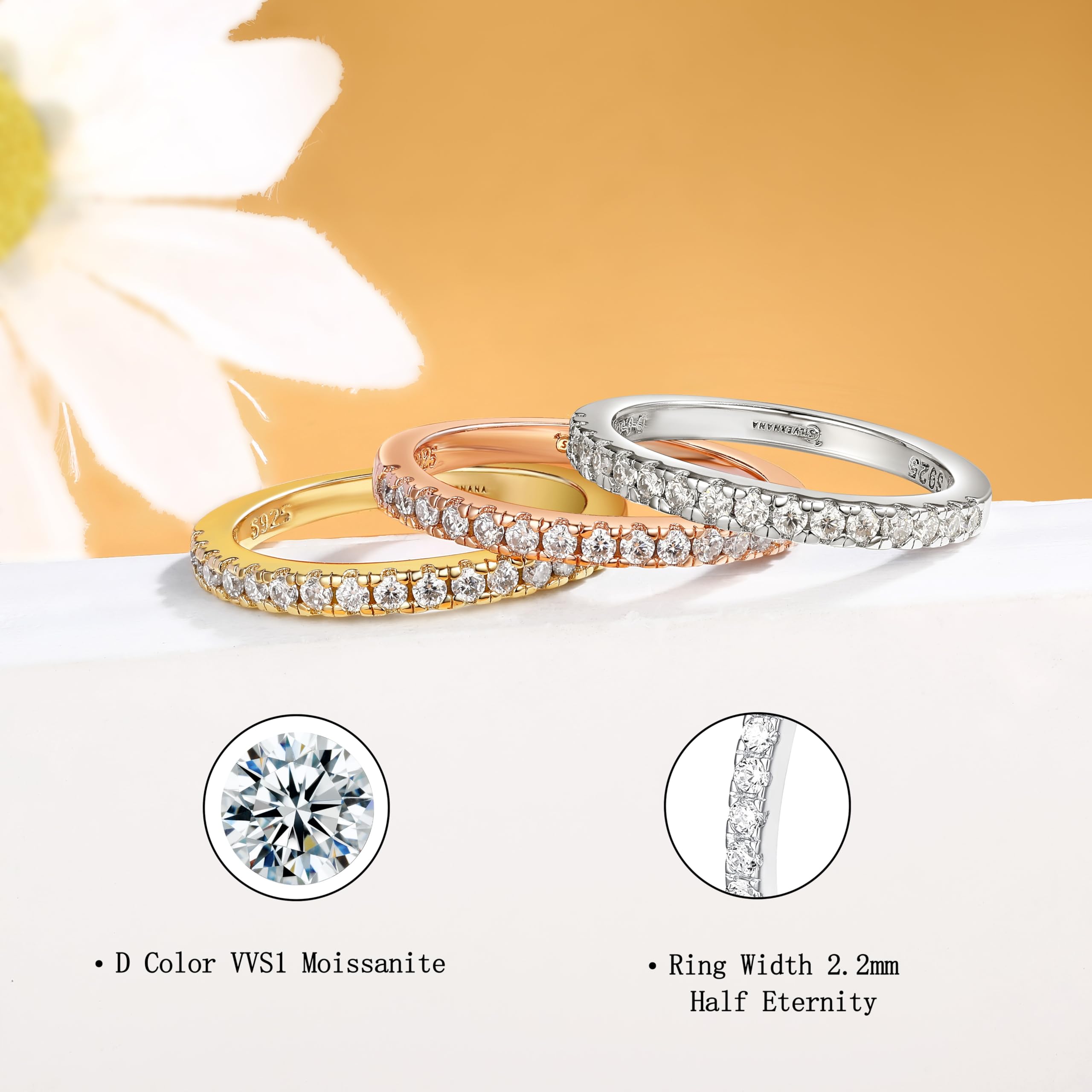 SILVERNANA Moissanite Wedding Band Sterling Silver Ring with 18K White Gold Plated 0.62ct D Color VVS1 Lab Created Diamond Stackable Rings Cross Full Eternity Ring for Women Size 7