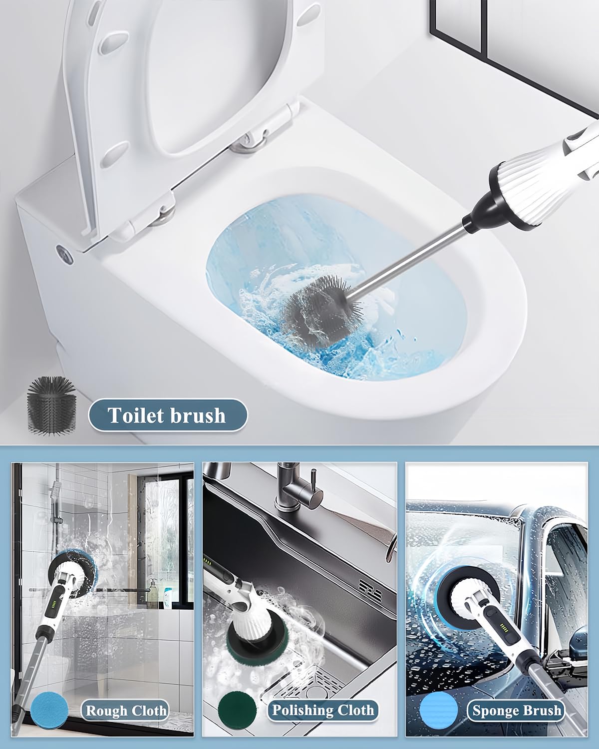 LOSUY Electric Spin Scrubber, 2024 New Cordless Cleaning Brush with 8 Replaceable Brush Heads, 2 Adjustable Speeds and 3 Extension Handle, Power Shower Scrubber for Bathroom, Floor, Tile, Tub